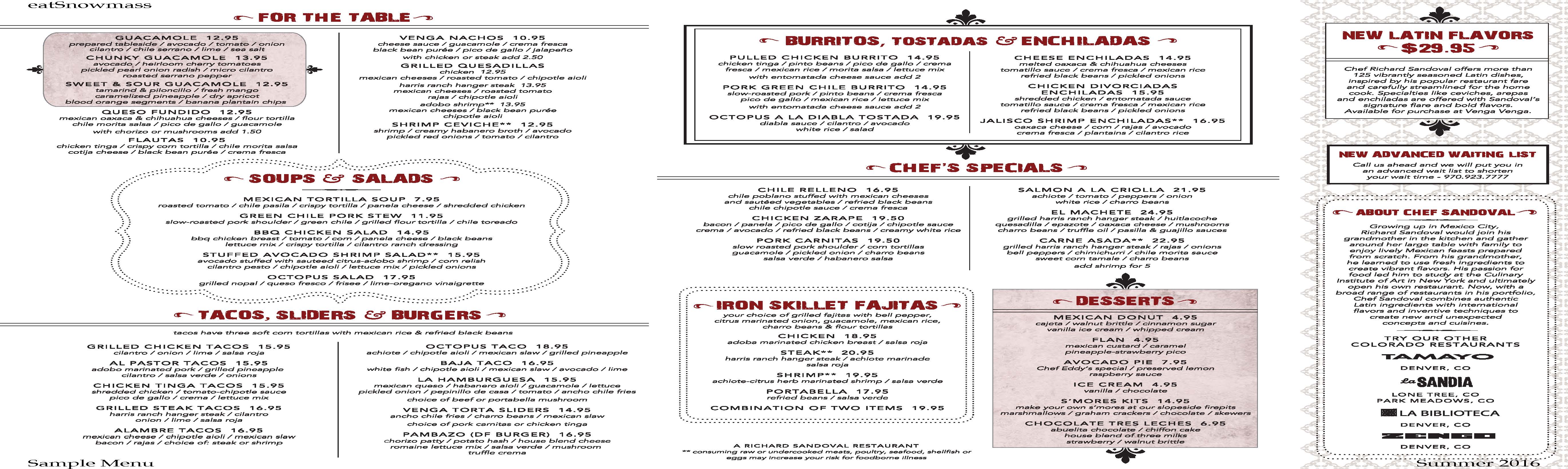 Venga Venga Menu | eatSnowmass